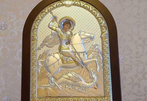 Икона Георгий Победоносец оклад листовое серебро