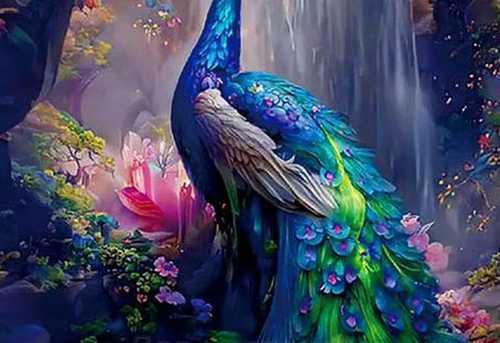 Роскошный павлин с цветами на перьях