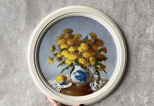 Картина цветы на холсте в раме диаметр 36 см