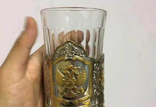 Подстаканник герб РФ позолота со стаканом