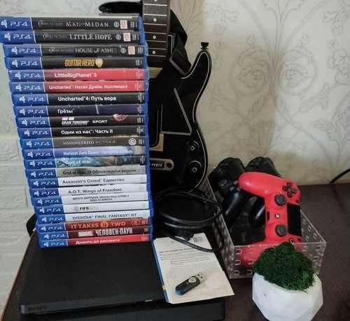 PS4 slim 500GB 3 геймпада +Игры +Гитара +Подписка