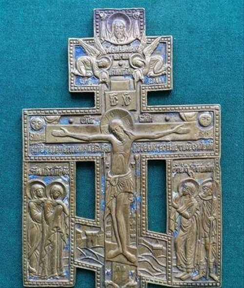 Крест старинный Распятие Христово бронза эмали