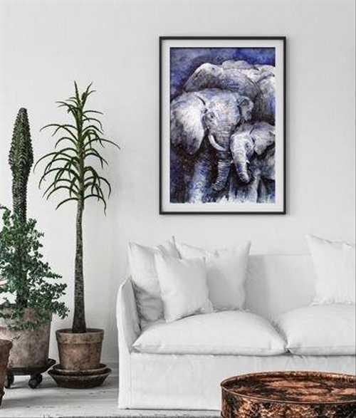 Картина маслом на холсте "Семья слонов"