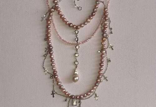 Ожерелье чокер из жемчуга и цепей