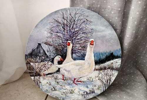 Картина на холсте круглая "Гуси-лебеди" D25 см