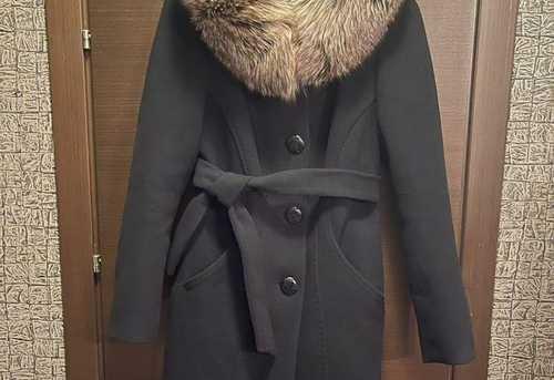 Пальто кашемир с капюшоном мех чернобурка 46р