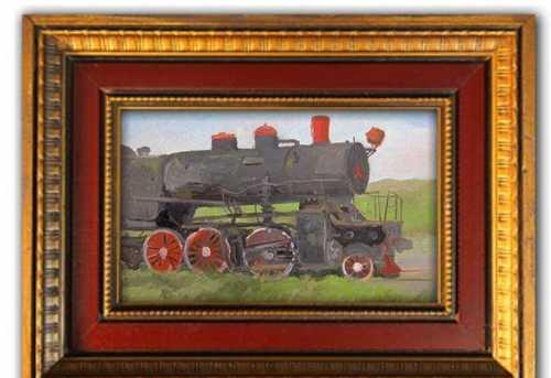 Картина маслом паровоз поезд пейзаж