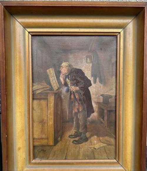 Картина XIX век Маслом на Холсте Дед скрипач