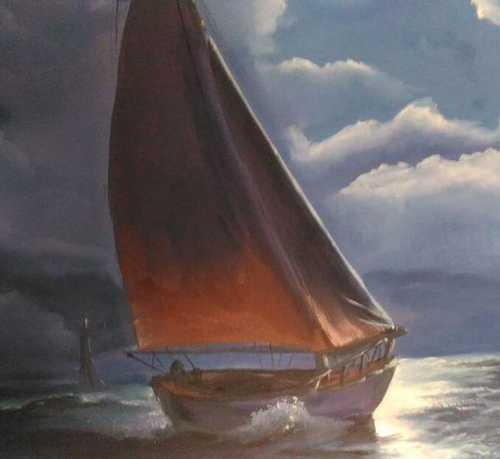 Картина маслом "Море, яхта, ночь"