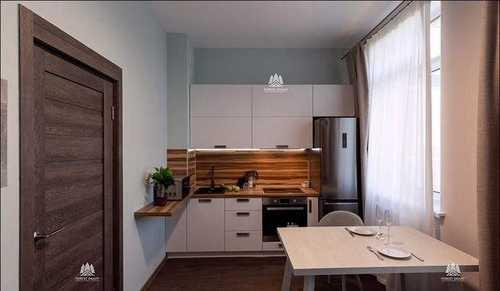Небольшая прямая белая кухня со шкафчиками