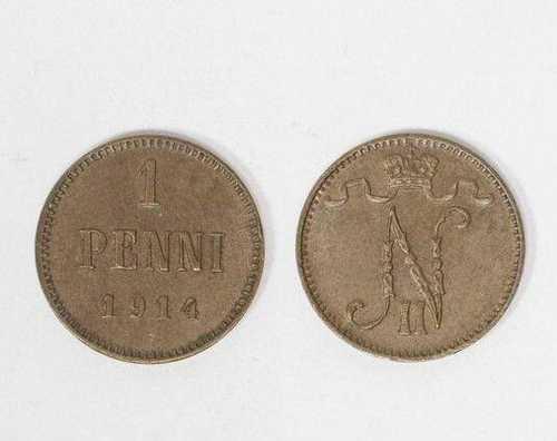 Монета Николая II 1 пенни (pennia) 1914 г Русская