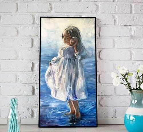 Картина маслом на холсте 30х60 см, девочка море