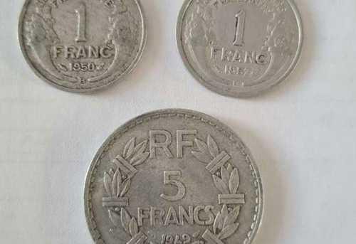 Монеты Франции, 1 и 5 франков, лот