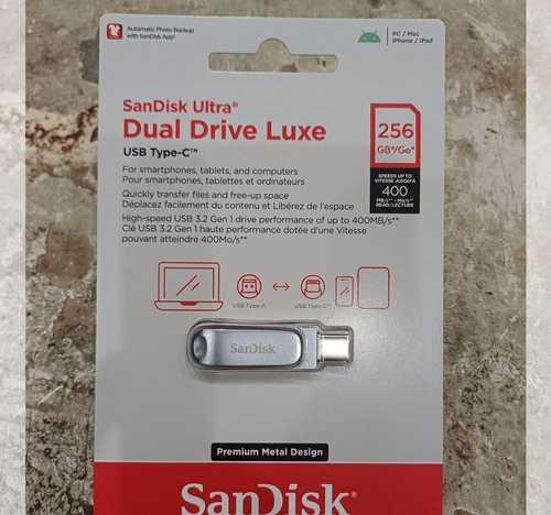 256 флэшка Sandisk Type C/USB 3.2 Dual Drive метал