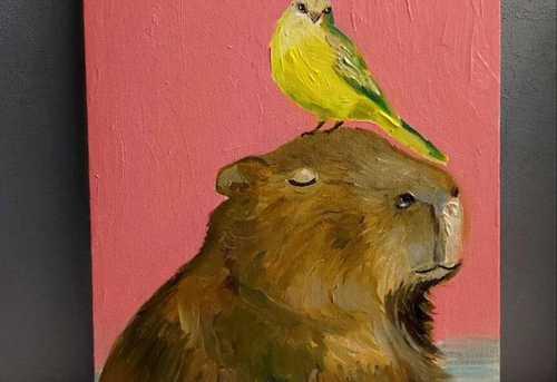 Капибара с птичкой (масло) картина