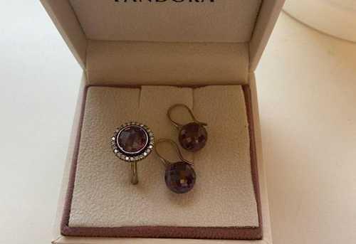 Pandora серьги и кольцо аметист
