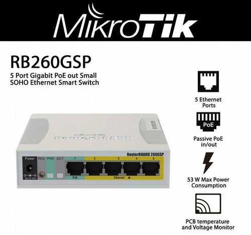 Гигабитный коммутатор с PoE Mikrotik RB260GSP