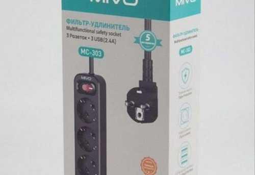 Фильтр-удлинитель,Mivo mс-303, 3м,3 роз+3 USB 2,4А