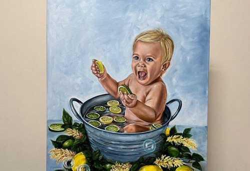 Картина маслом радость ребенок малыш лимоны