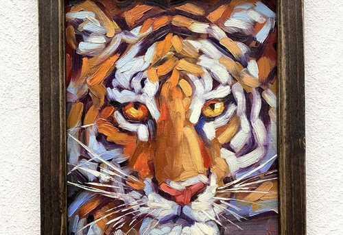 Тигр картина маслом в раме 23х28 см