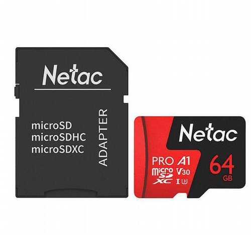 Карта памяти Netac MicroSD P500 Extreme Pro Class 10 UHS-I A1 V30 (100 Mb/s)   SD адаптер, 64GB