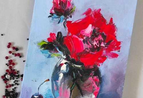 Картина маслом Букет алых маков/роз,Цветы в вазе