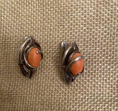 Серебряные серьги СССР с кораллом