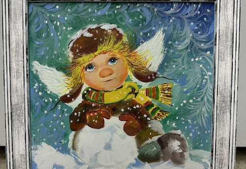 Картина Ангел зимний Новогодний на холсте маслом