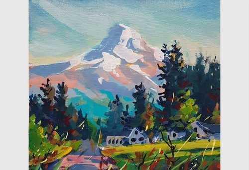 Картина яркий горный пейзаж с цветами акрилом