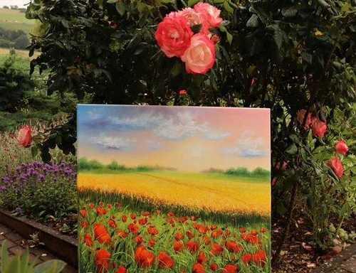 Картина маслом цветами Маки Солнечный пейзаж