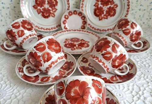 Чайные пары/тарелки Красный фарфорист, фарфор СССР