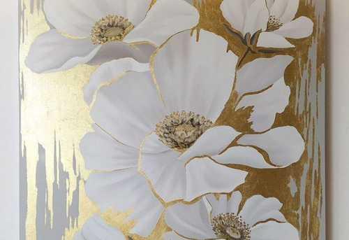 Интерьерная картина "Цветы в золоте" ручной работы