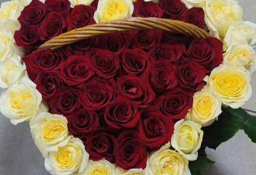 Корзина 51 роза сердце из роз Эквадор Омск