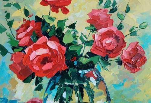 Картина с цветами маслом "Красные розы" 30х26 см