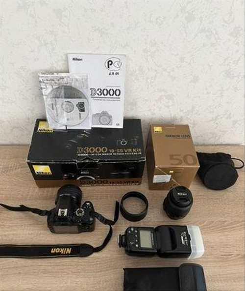 Фотоаппарат Nikon d3000 18-55VRKit +вспышка+объект