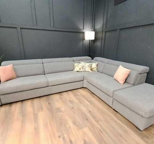 Большой угловой серый диван рогожка современный