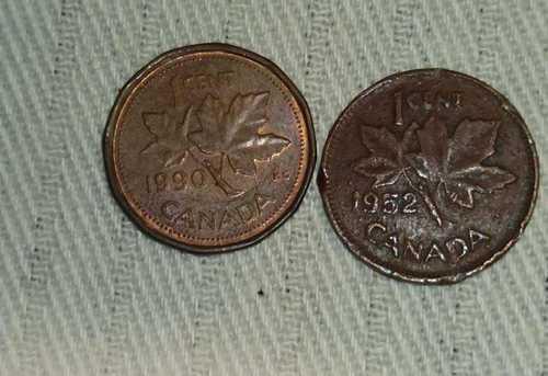 1 цент США, 13 монет и 1 цент Канада, 2 монеты
