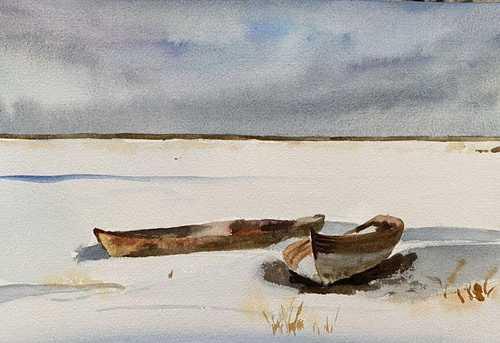Картина акварель пейзаж с лодкой