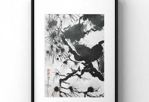 Японская живопись, картина суми-э, сосновый лес