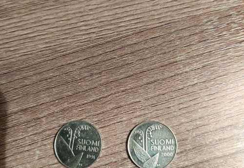 2 монеты по 10 финских пенни 1991,2000 гг