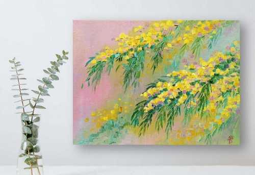 Картина маслом на холсте цветы весенняя мимоза