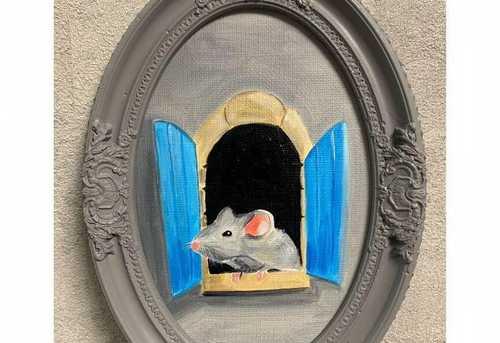 Картина маслом в гипсовой серой рамке "Мышонок"