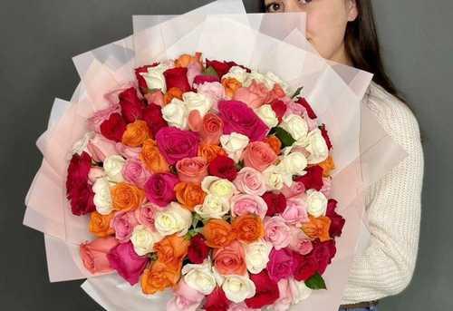 101 роза - букет разноцветных роз