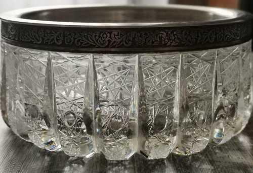 Хрустальная ваза конфетница с серебряным ободком