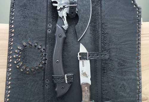 Набор кожаная скрутка топор Волк + охотничий нож