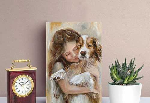 Девочка с собакой картина маслом на холсте 20х30см