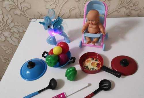 Детские игрушки пакетом для девочки пупсик посуда