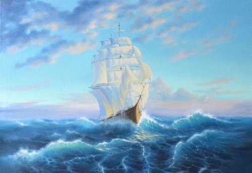 Картина маслом "Корабль на волнах", 50х60 см