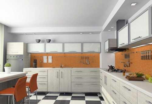 Белая кухня новая на заказ с оранжевым фартуком