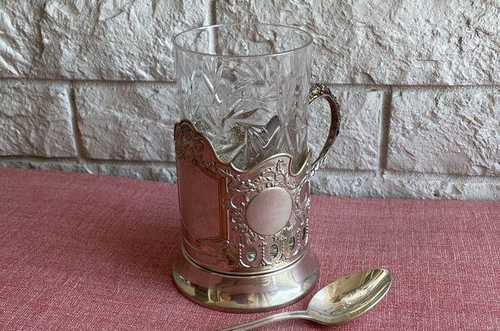 Подстаканник серебро 925, ложка и стакан хрусталь